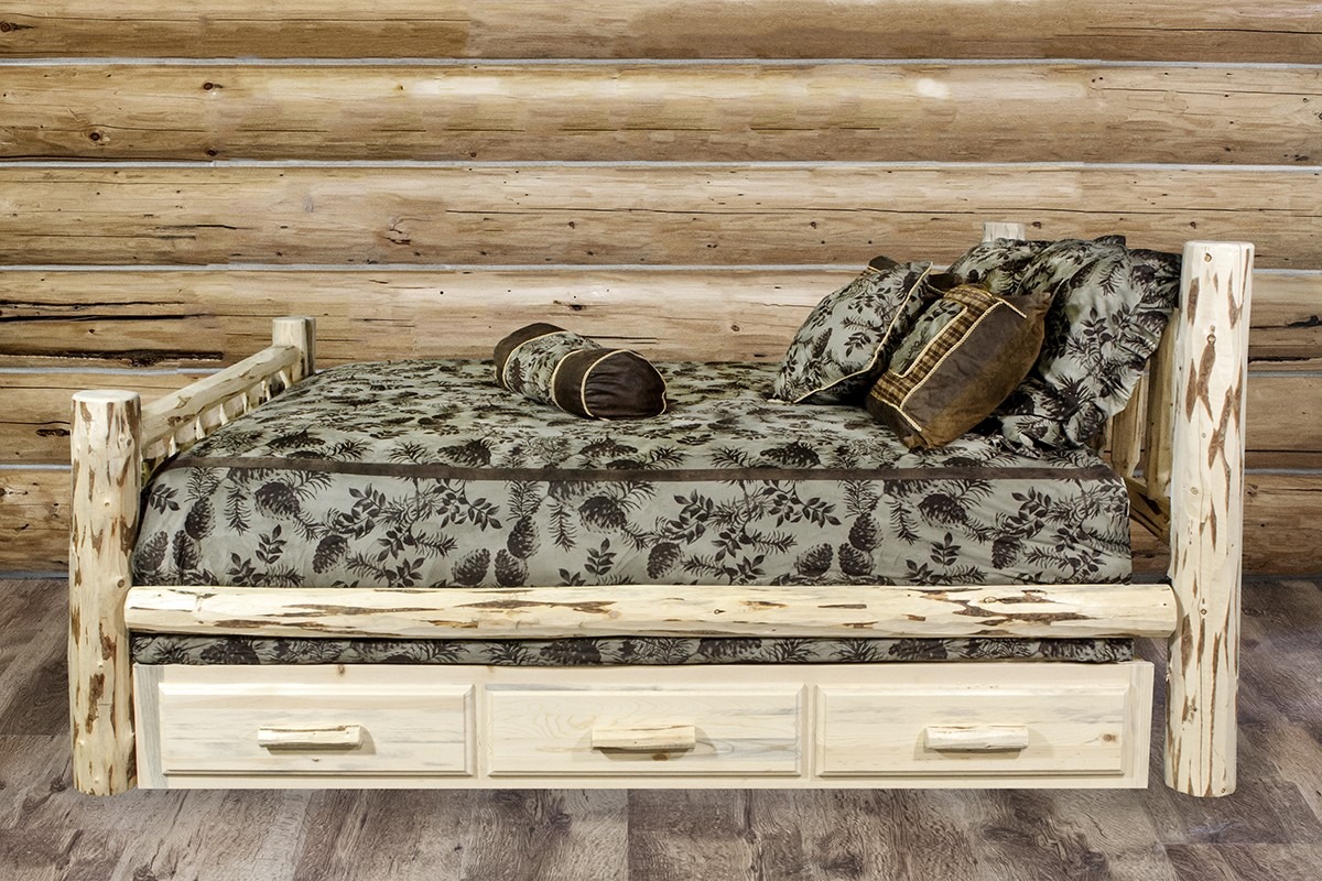 Skip-Peeled Pine Log Bed with Storage | Rustic Log Furniture of Utah